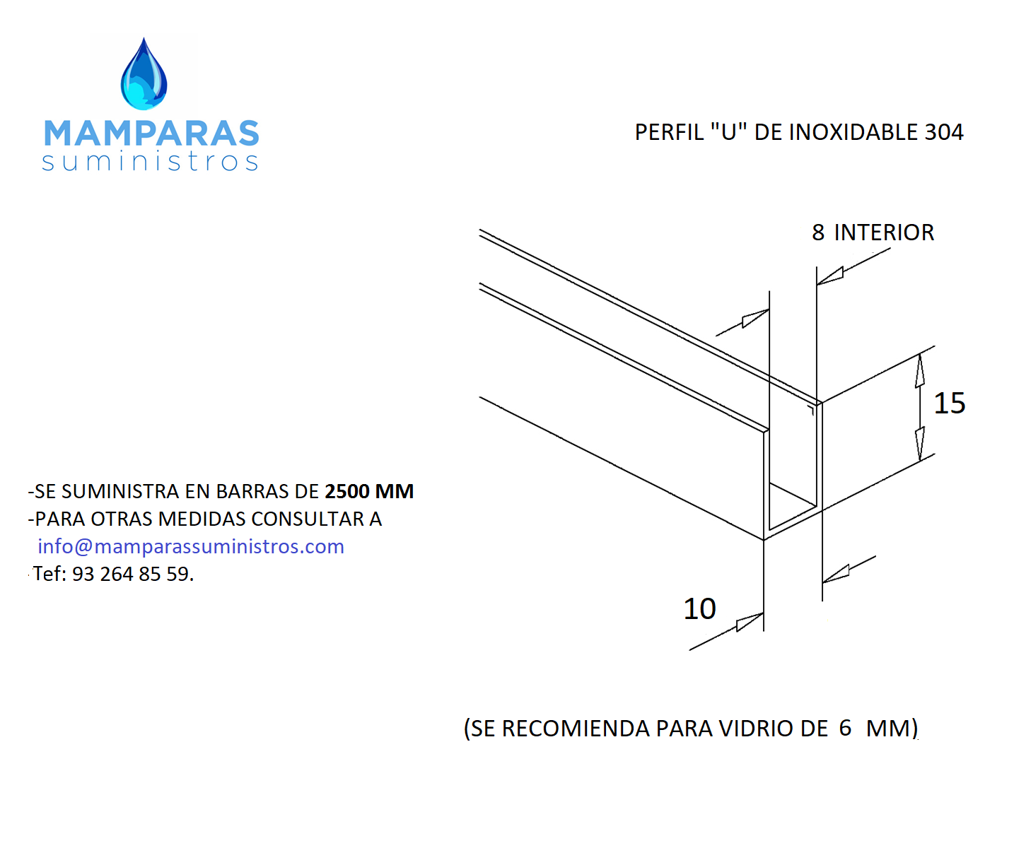 Perfil "U" inox económico para vidrios fijos , perfil "U" inox mamparas ...